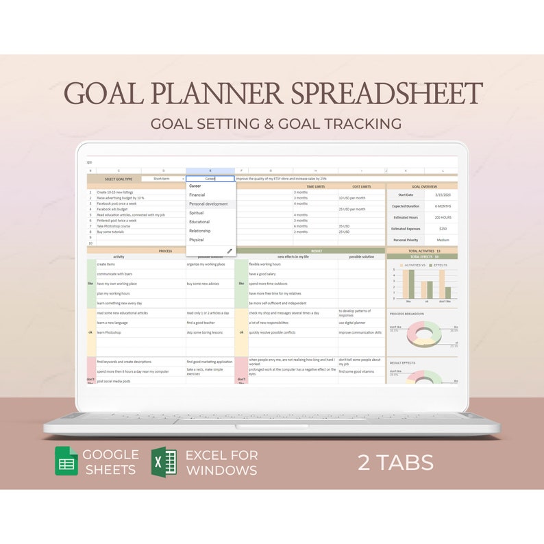 Goal Planner Spreadsheet for SMART Goals Monthly Tracker Life Planning ...