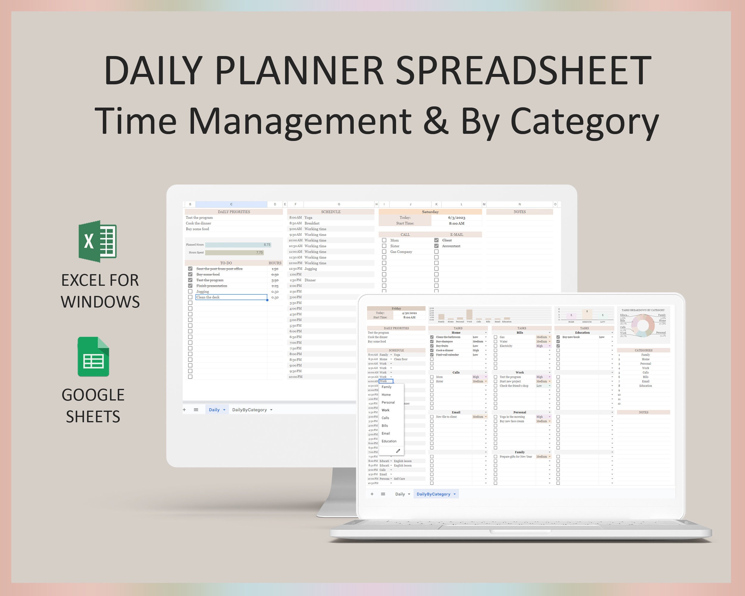 Daily Planner Excel Daily Schedule Template Daily Work - Etsy