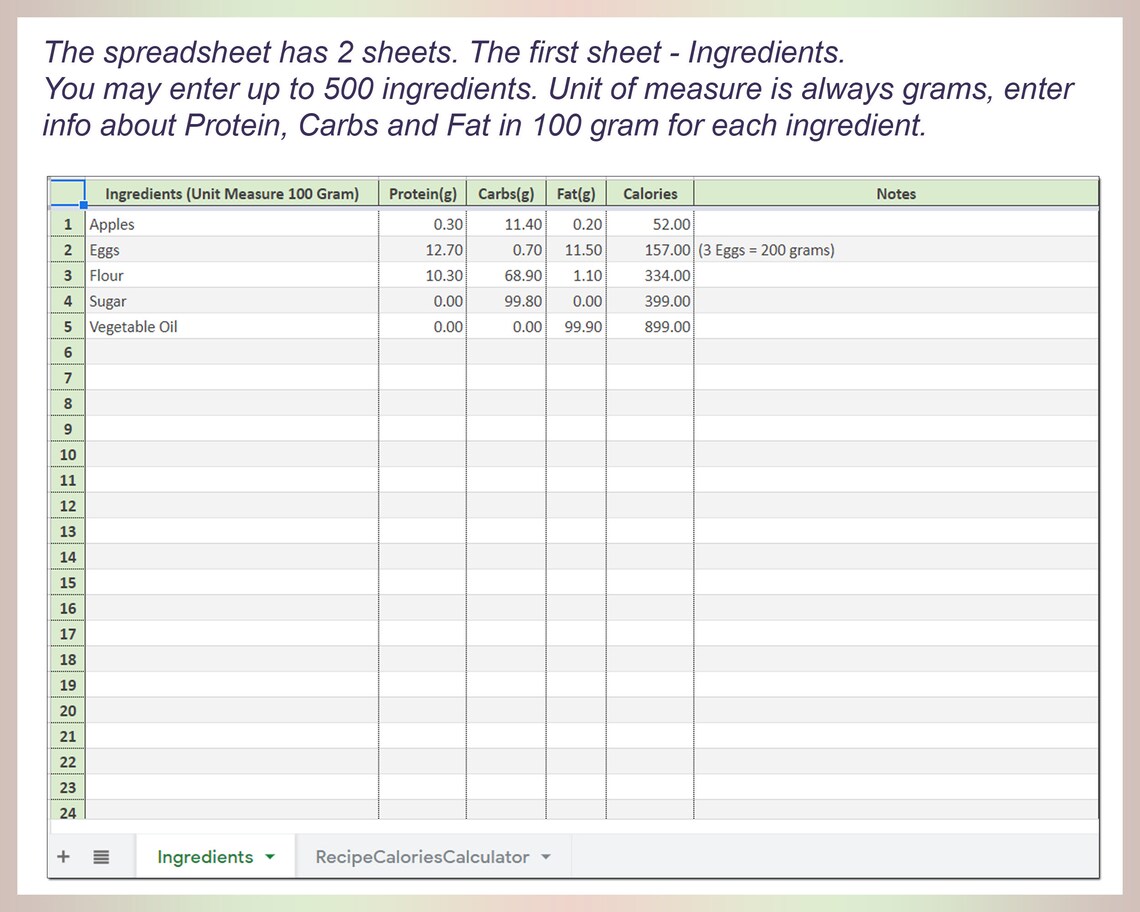 Recipe Calories Calculator Google Sheets Nutrition Counter Meal Calorie ...