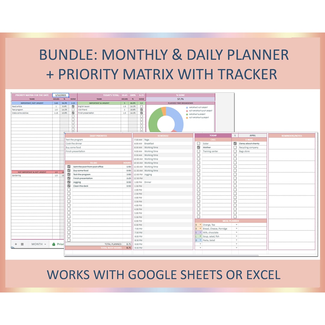 Time Management, Digital Planner Excel, Daily Sheet, Monthly to Do List ...