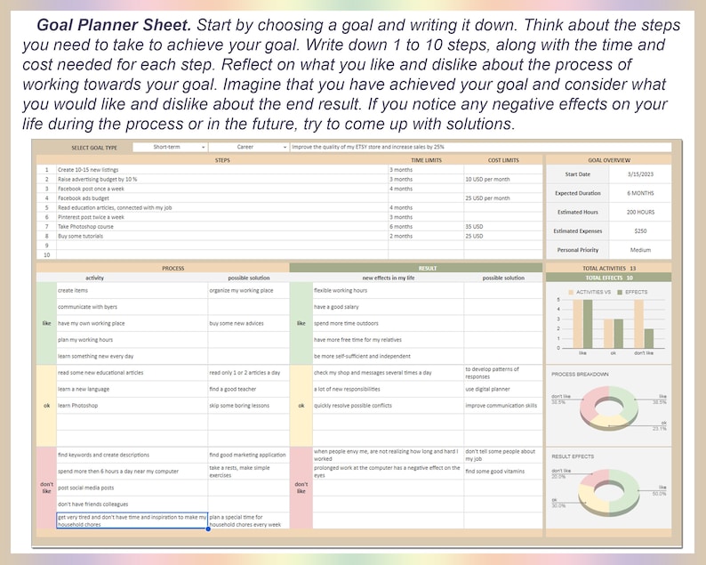 Goal Setting Spreadsheet, Smart Goals Planner, Goals of Life Planner ...