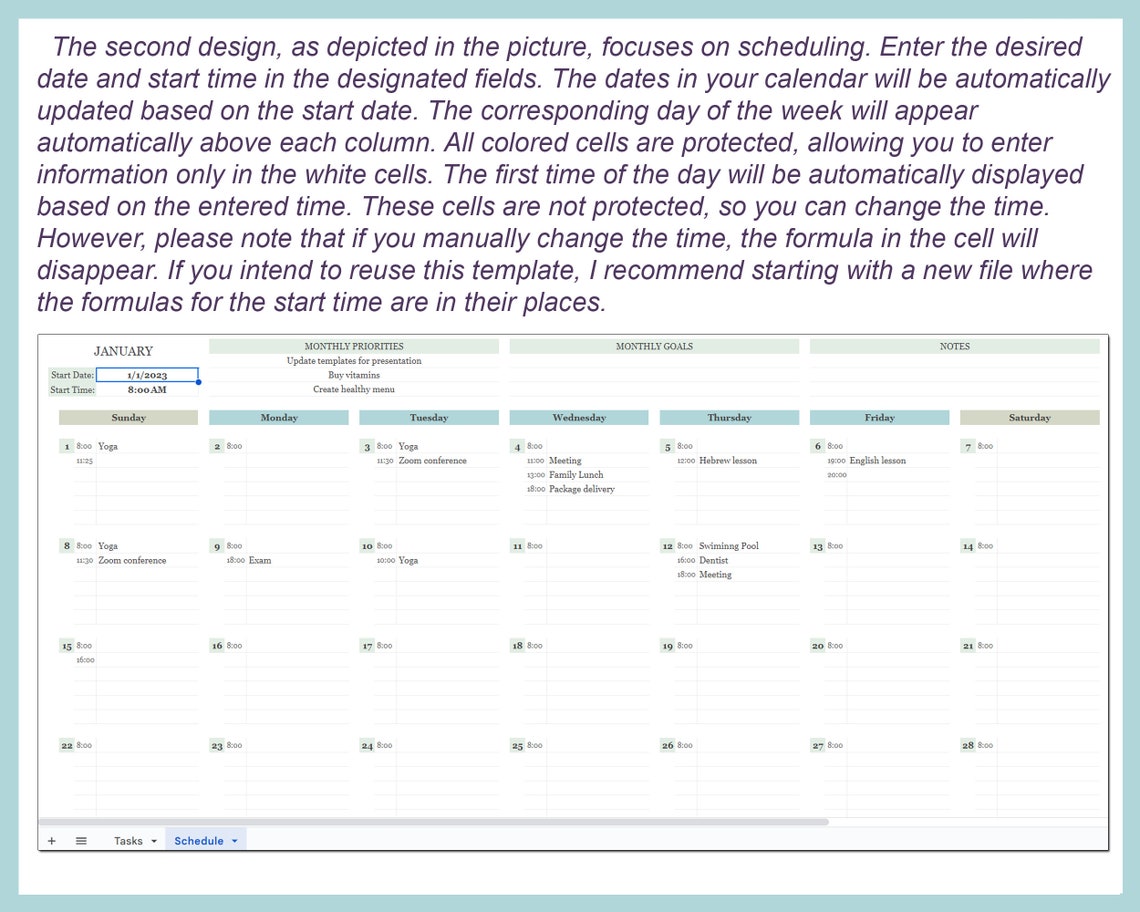 Monthly Calendar Excel Template Planner Google Sheets Monthly Schedule ...