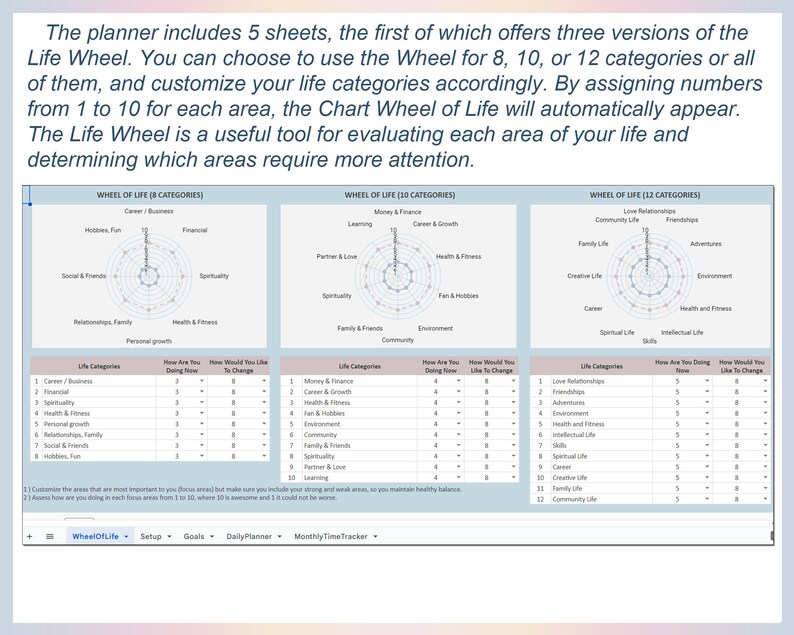 Life Balance Wheel Daily Planner Sheet With Hourly Schedule Template ...