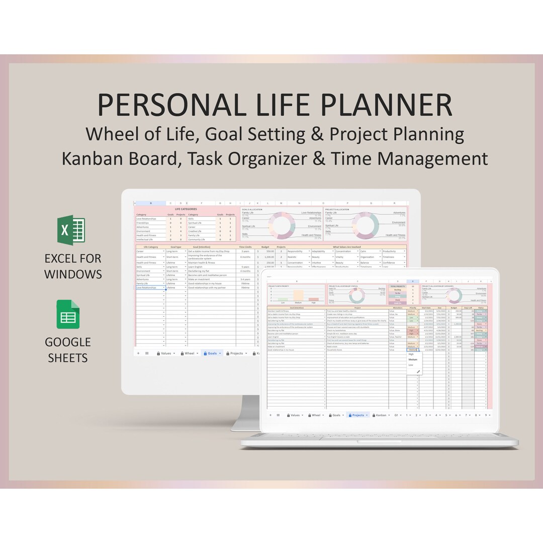 Personal Planner Excel Template With Goal Setting Wheel of Life Task ...