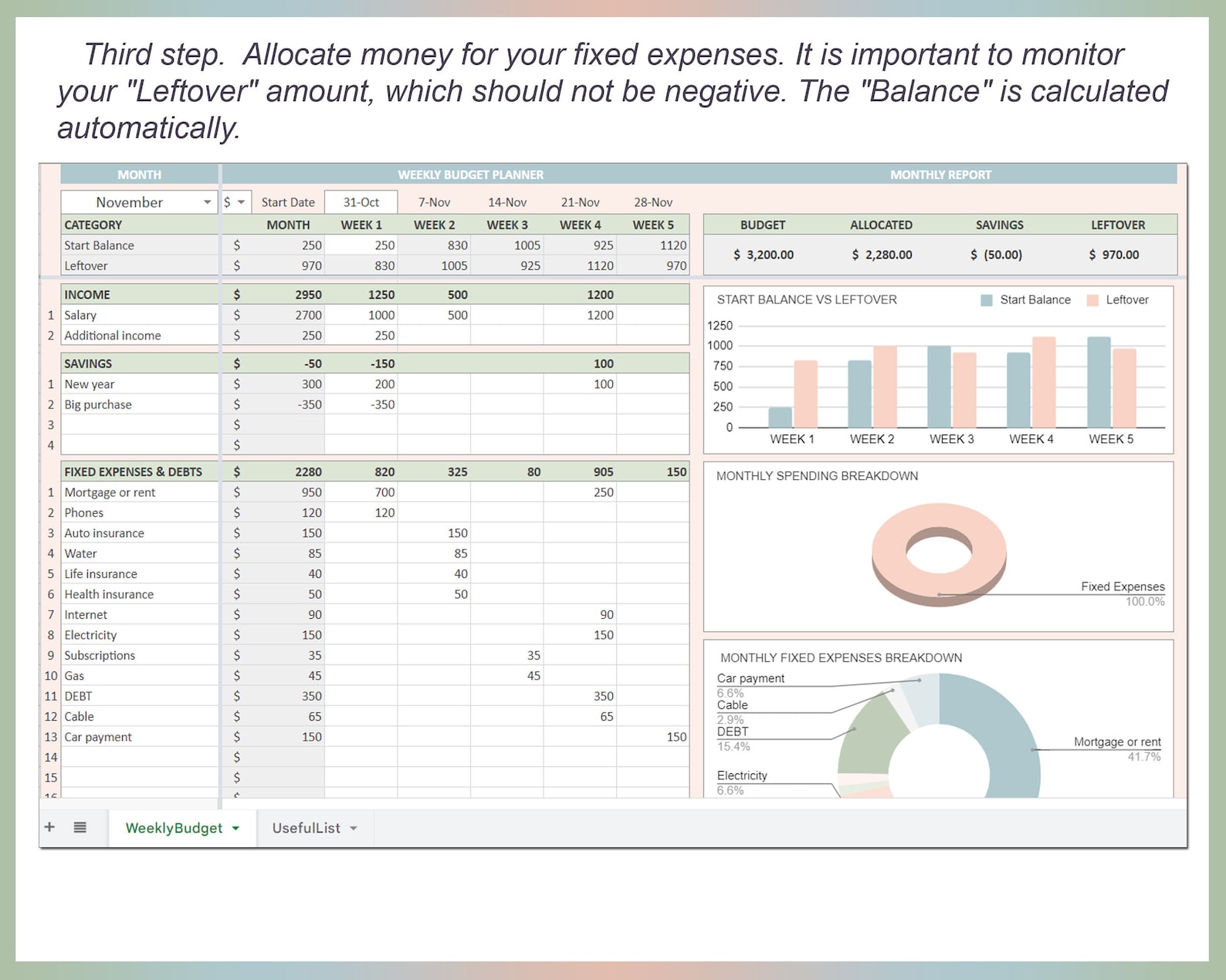 Weekly Budget Spreadsheet Template Excel Planner Editable Monthly ...