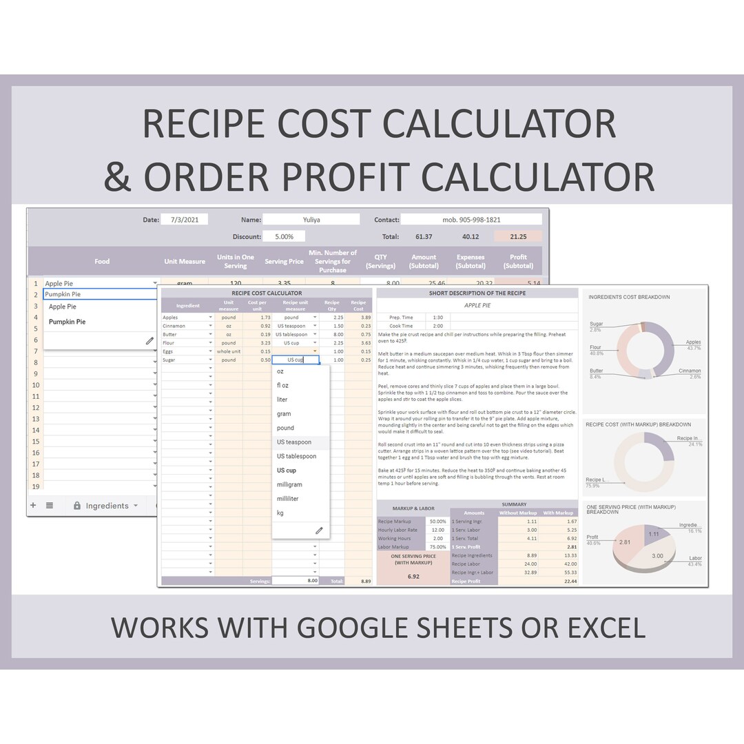 Recipe Cost Calculator Order Profit Template Baking Ingredient Formula ...
