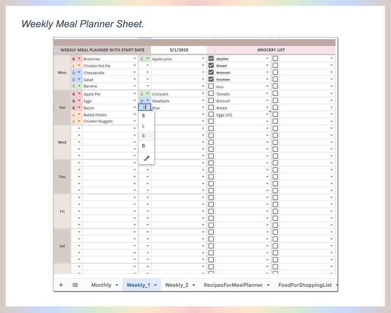 Digital Meal Planner, Grocery List, Meal Planner Excel, Meal Planner ...