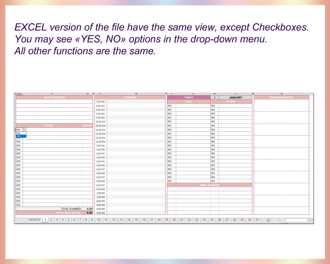 Time Management, Digital Planner Excel, Daily Sheet, Monthly to Do List ...