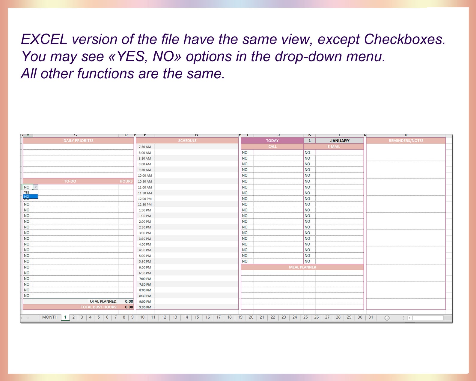Time Management, Digital Planner Excel, Daily Sheet, Monthly to Do List ...