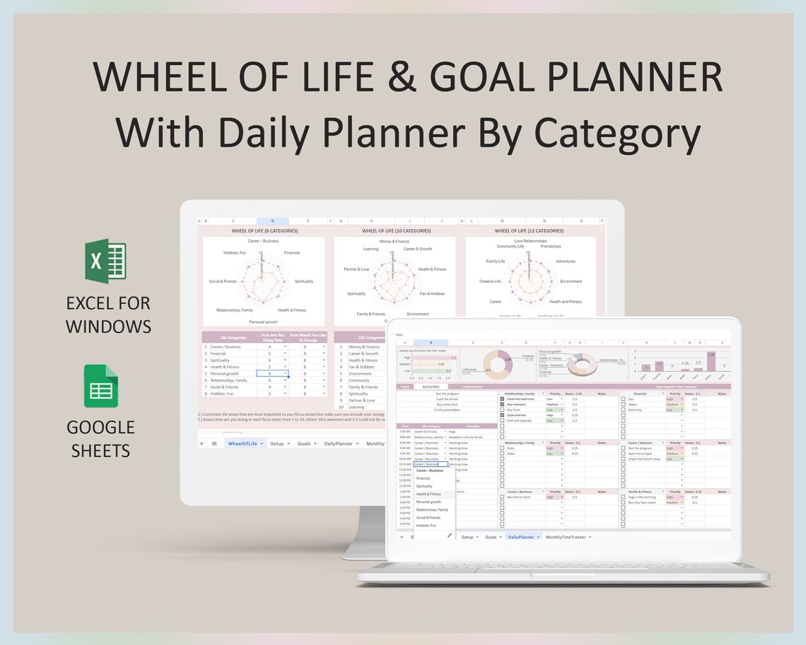 Life Wheel Spreadsheet Life Planner Excel Daily Planner - Etsy