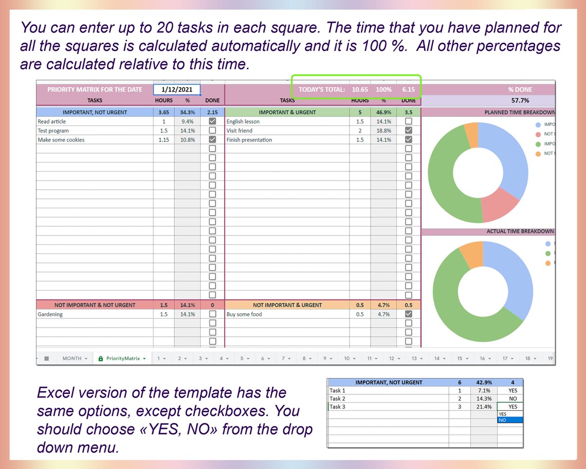 Time Management, Digital Planner Excel, Daily Sheet, Monthly to Do List ...