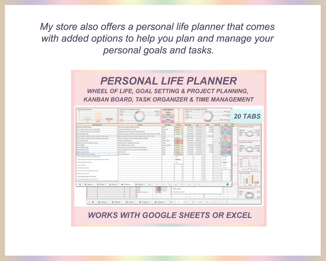 Goal Planner Spreadsheet for SMART Goals Monthly Tracker Life Planning ...