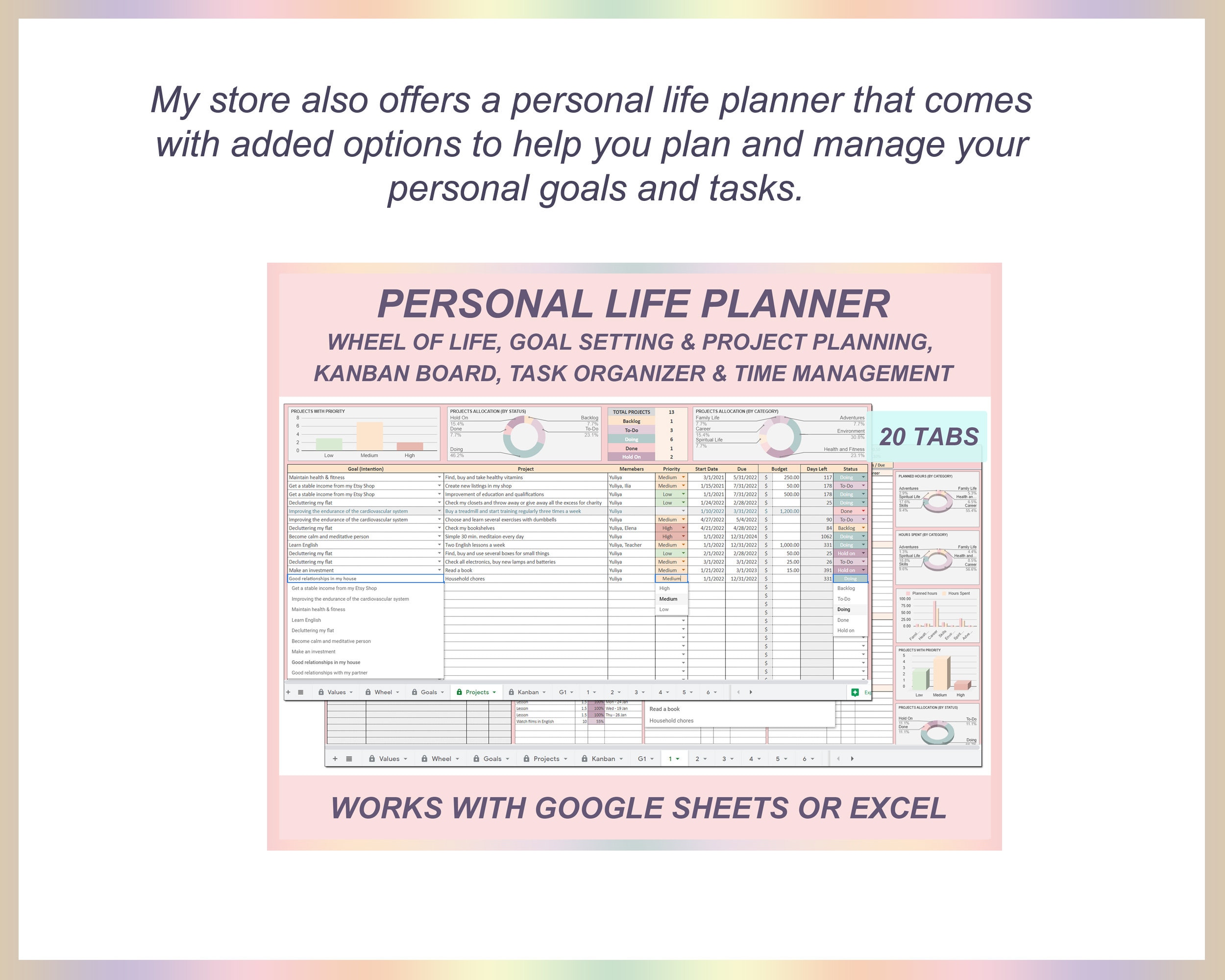 SMART Goal Setting Spreadsheet Excel Template Monthly Personal Planner ...