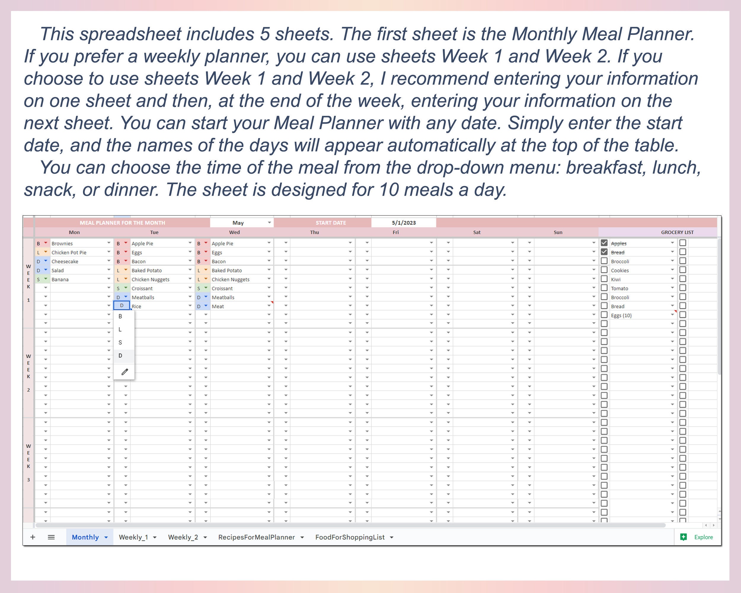 Digital Meal Planner Excel Template Weekly Monthly Menu Organizer ...