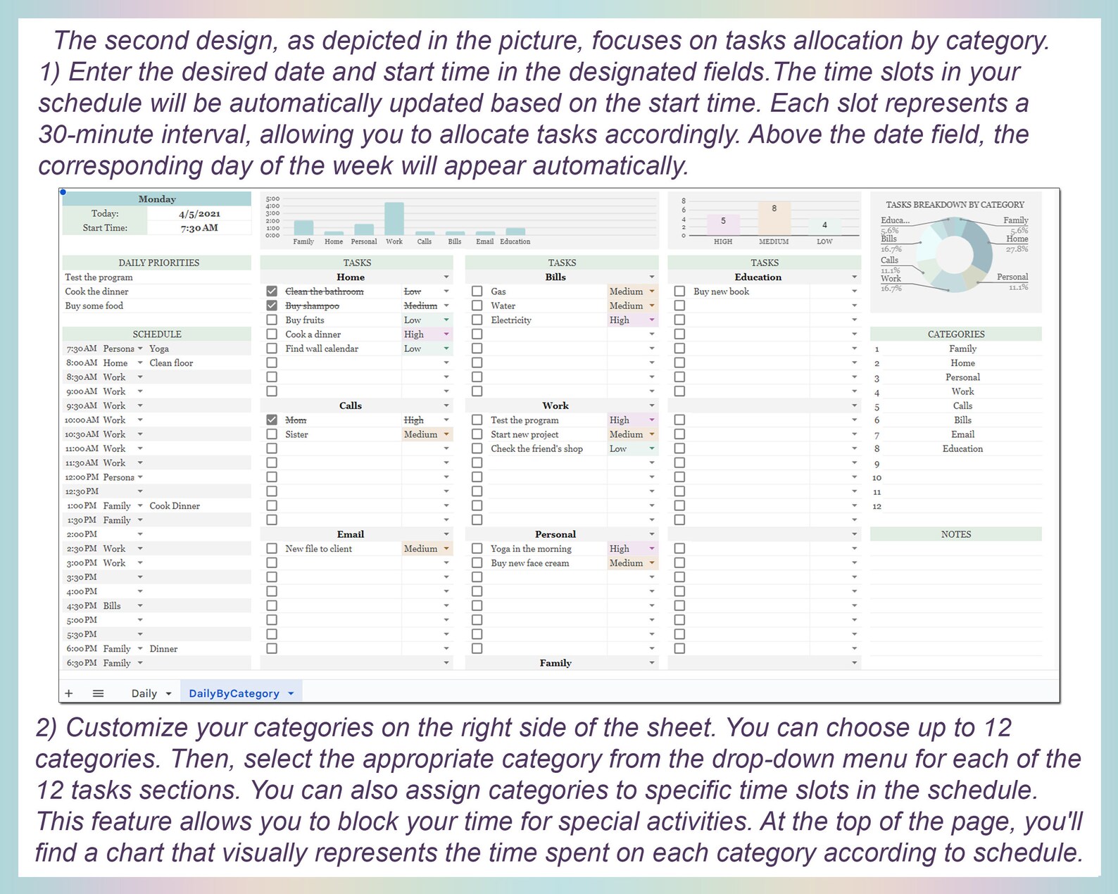 Daily Planner Sheet Time Management Working Hours Organizer To-do List ...