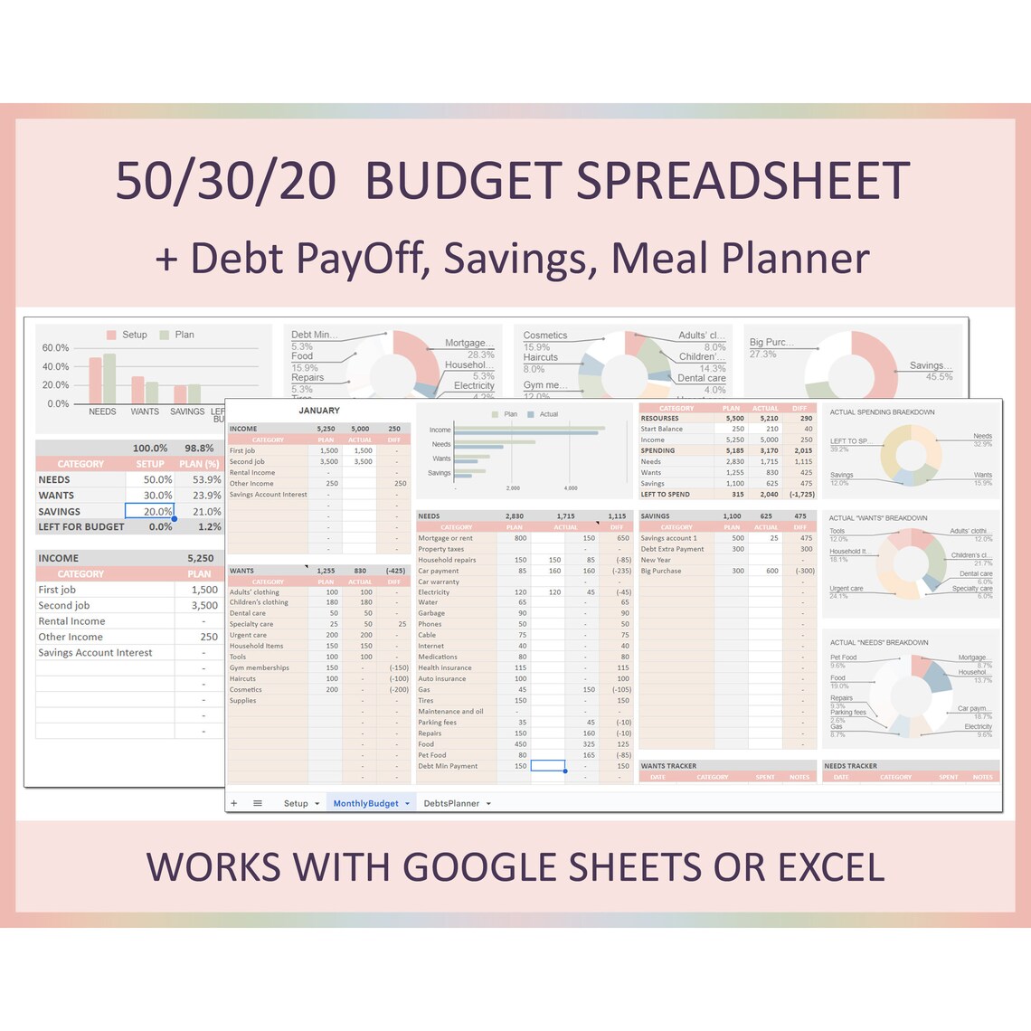 50 30 20 Budget Spreadsheet, Budget Spreadsheet, Monthly Budget Template, Excel Budget, 50/30/20 ...