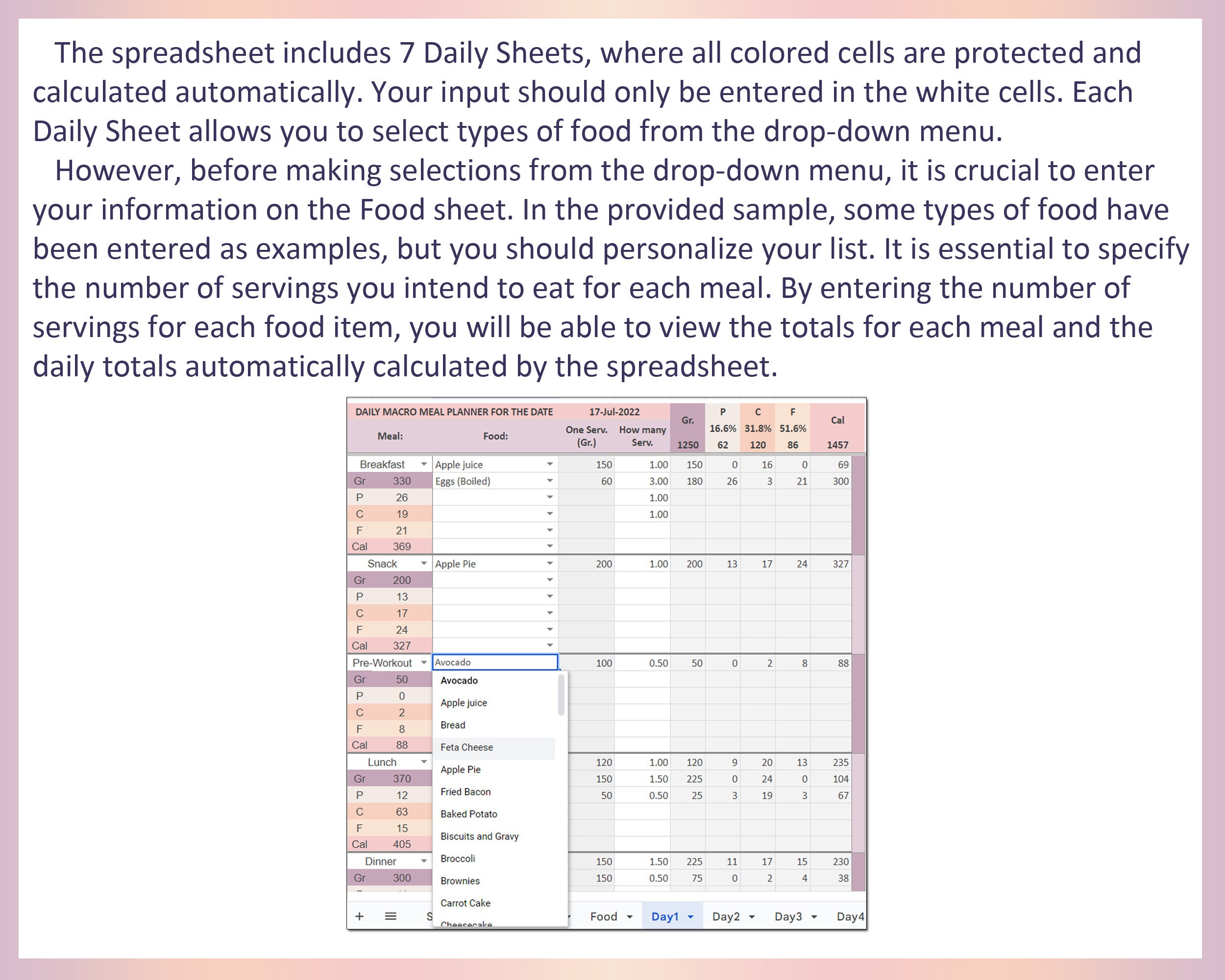 Macro Meal Planner Spreadsheet, Google Sheets Meal Planner, Macro Diet ...