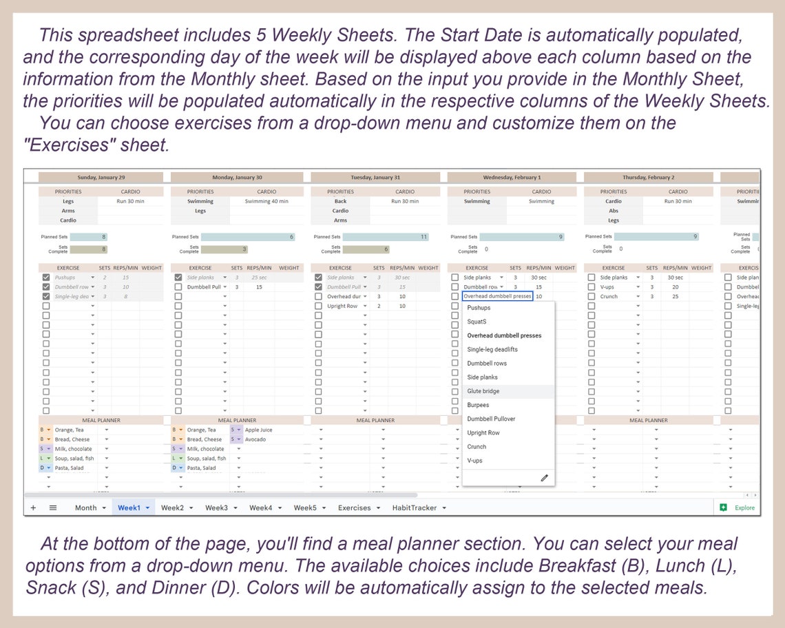 Workout Spreadsheet, Workout Schedule Excel, Workout Planner Template ...