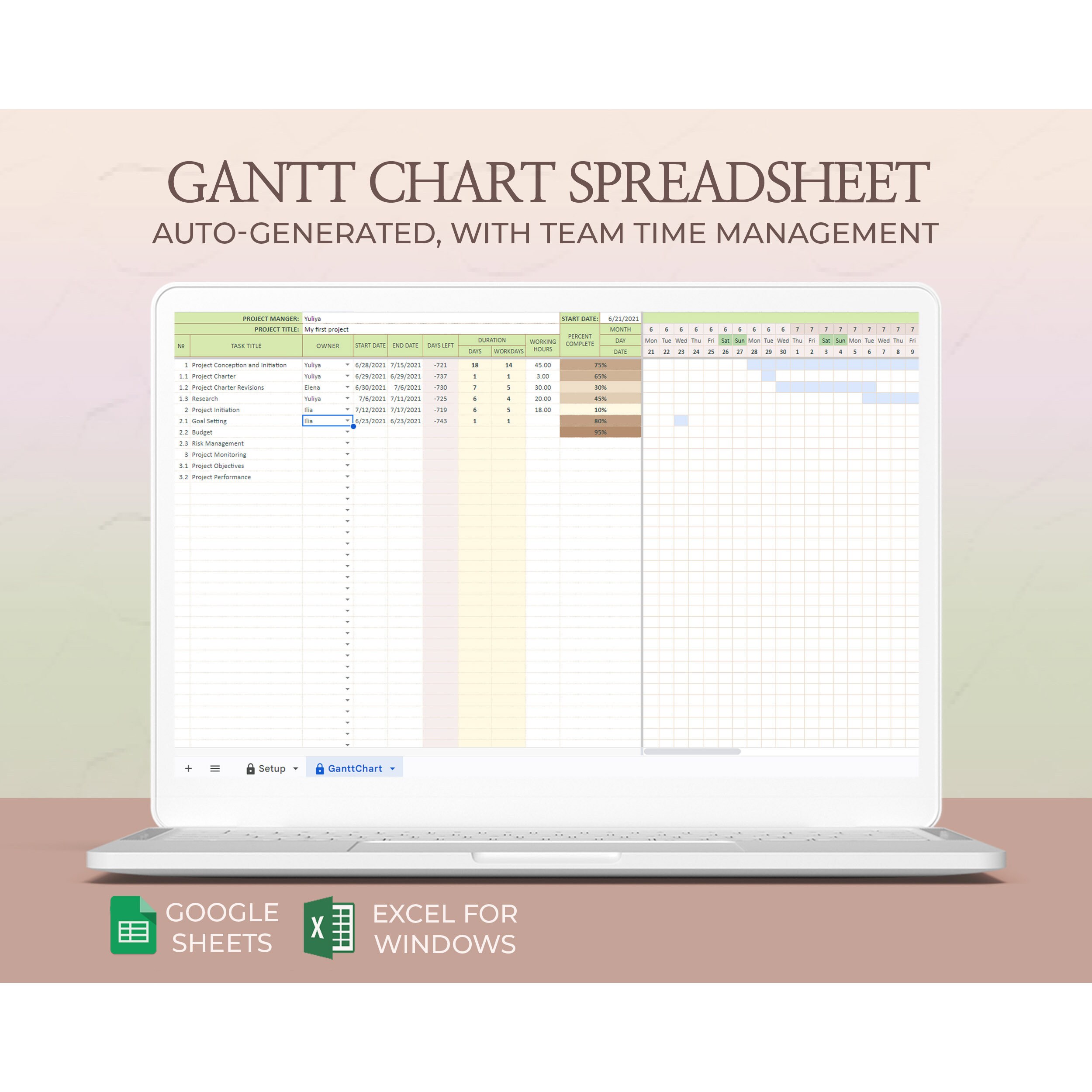 Gantt Chart Spreadsheet Google Sheets Excel Project Timeline Team Planner Project Management ...