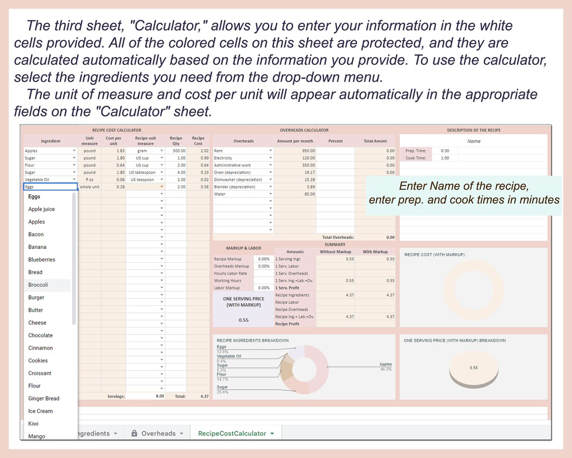 Recipe Cost Calculator Excel, Ingredient Cost, Baking Cost Formula ...