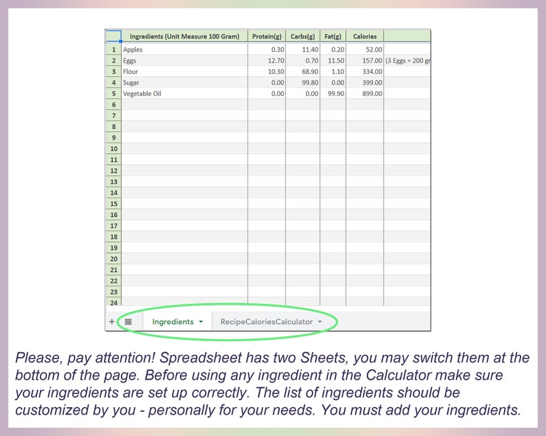 Recipe Calories Calculator Excel Nutrition Counter Meal Calorie Tracker ...