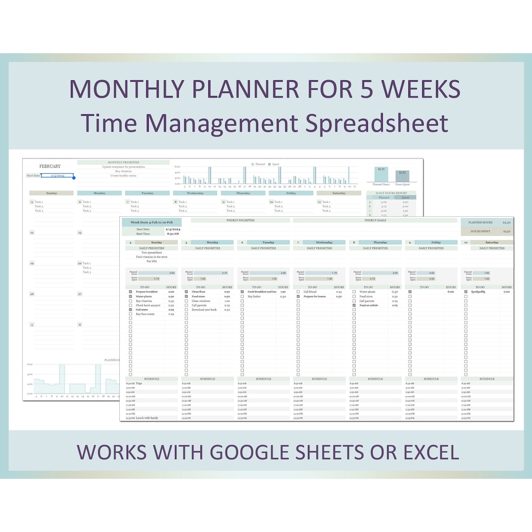 Monthly Planner Spreadsheet Weekly Hourly Calendar Weekly Schedule ...