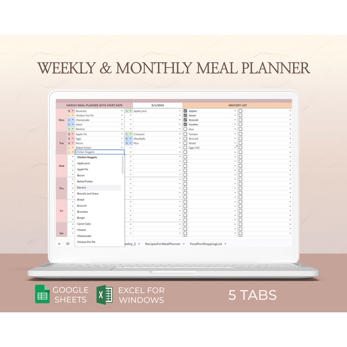 Excel Meal Planner, Grocery List, Simple Meal Planner, Meal Planner ...