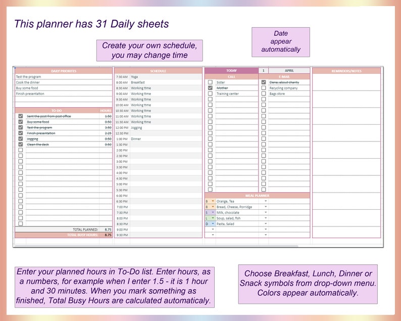 Time Management, Digital Planner Excel, Daily Sheet, Monthly to Do List ...