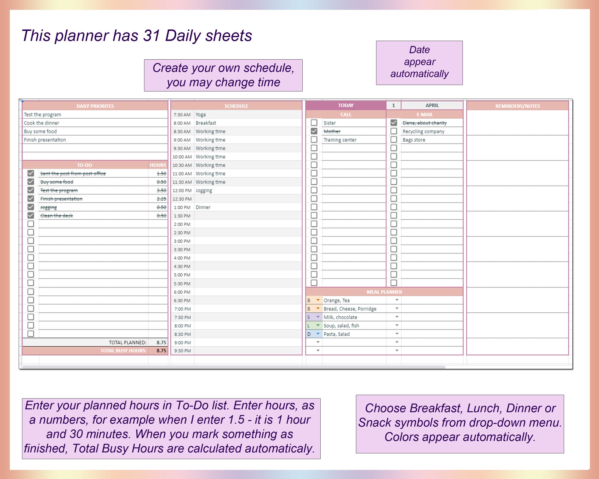 Time Management Planner Digital Excel Daily Sheet Monthly To-do List ...