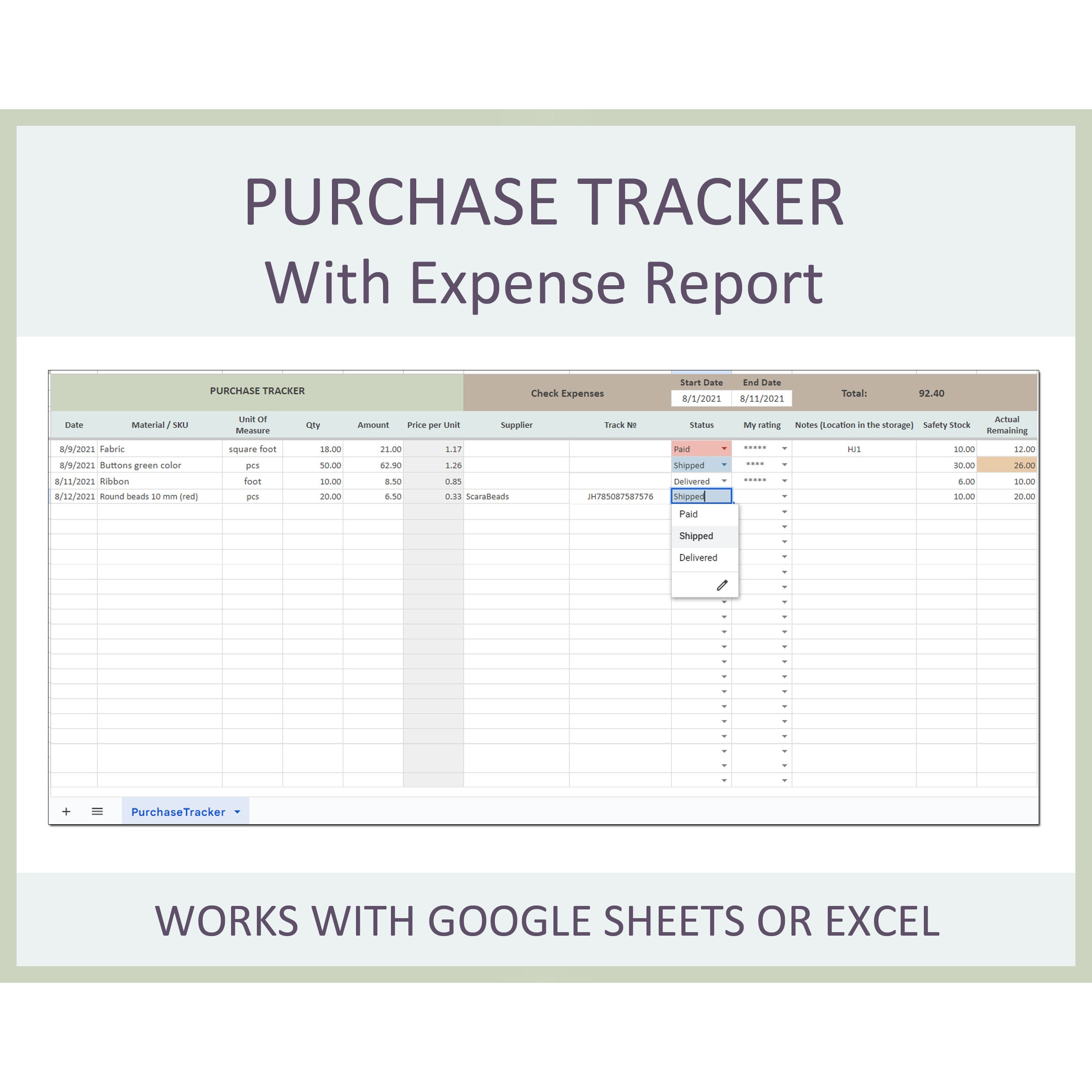 Purchase Order Tracker, Purchases Tracker, Purchase Order Tracking, Template, PO Tracker ...