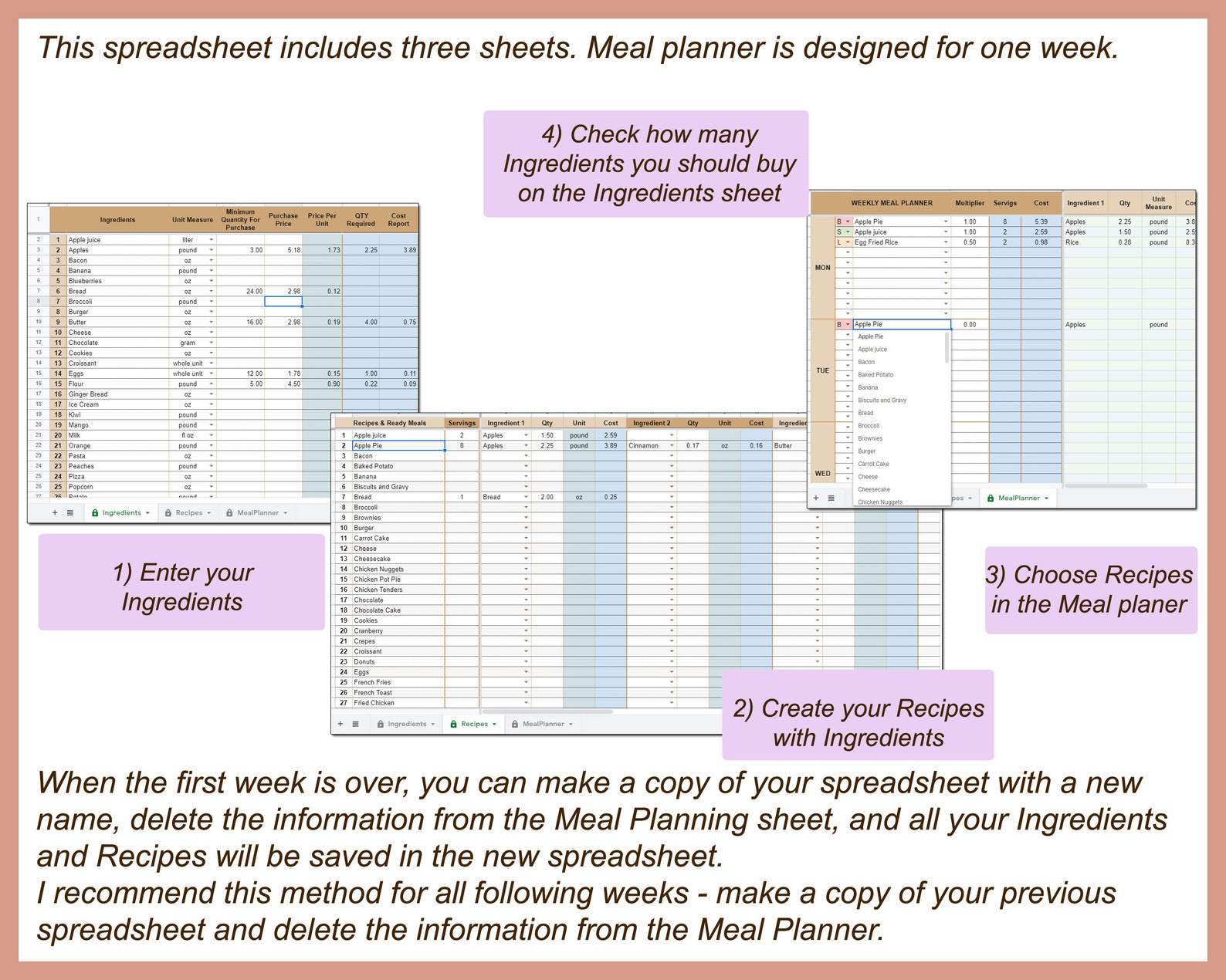 Meal planner digital Recipe cost calculator Grocery planner | Etsy