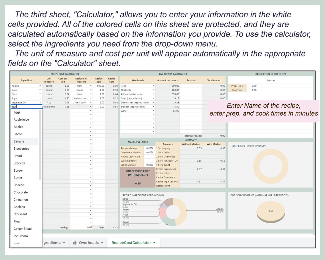 Cake Pricing Calculator Recipe Costing Template Baking Ingredient ...