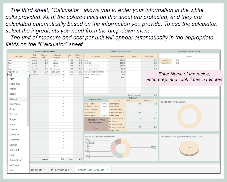 Cake Pricing Calculator Recipe Costing Template Baking Ingredient Formula Excel Google Sheets ...