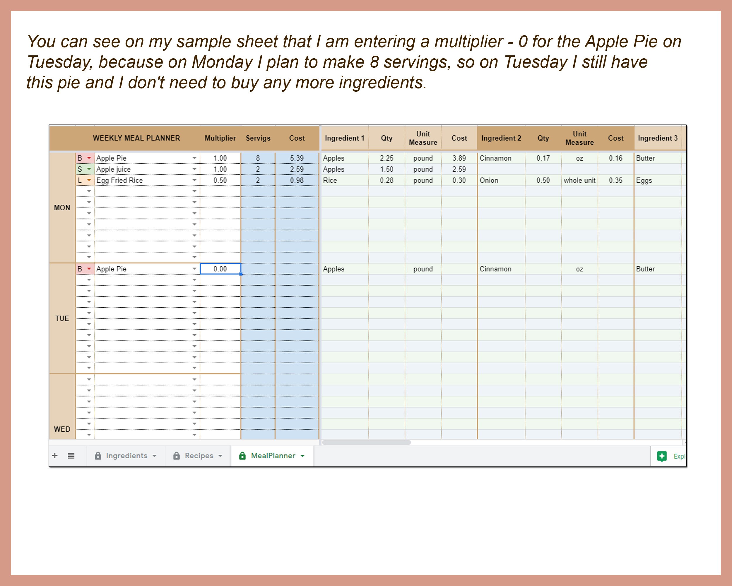Meal planner digital Recipe cost calculator Grocery planner | Etsy