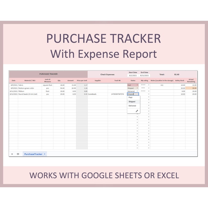 Purchase Tracker Spreadsheet Excel Google Sheets Template Order Log ...