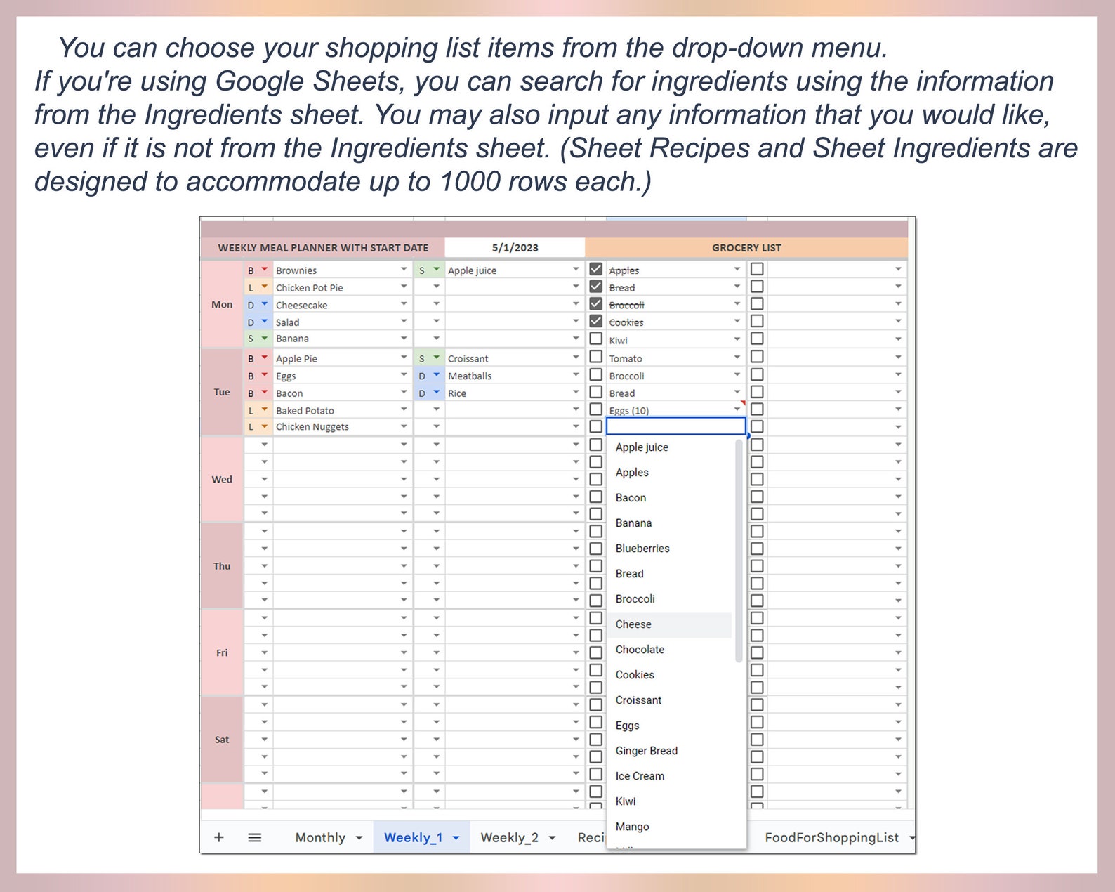 Excel Meal Planner, Grocery List, Simple Meal Planner, Meal Planner ...