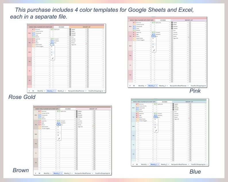 Meal Planning Spreadsheet, Grocery List Template, Monthly Menu Planner ...