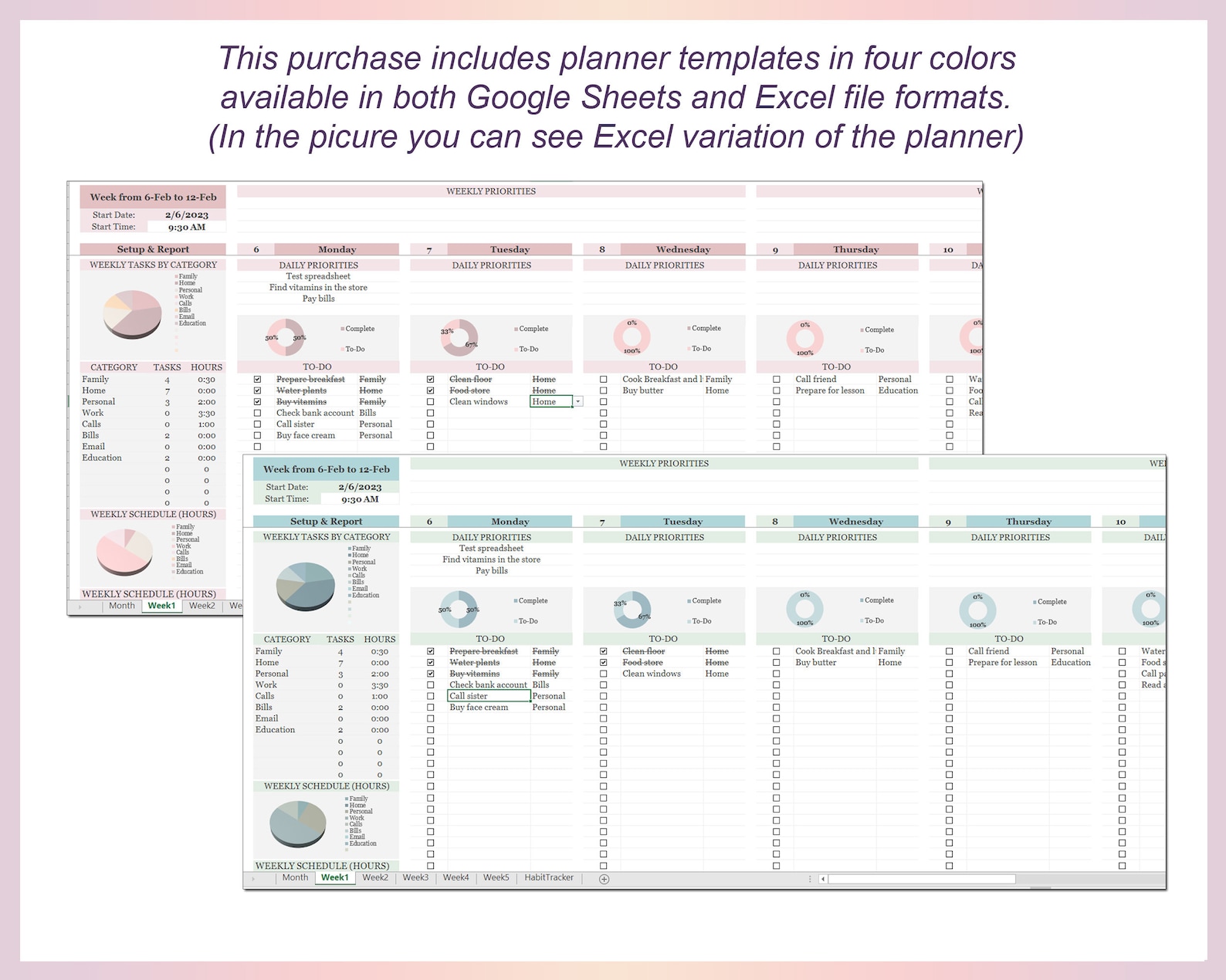 Monthly Weekly Daily Planner Spreadsheet Digital To-do List Organizer ...