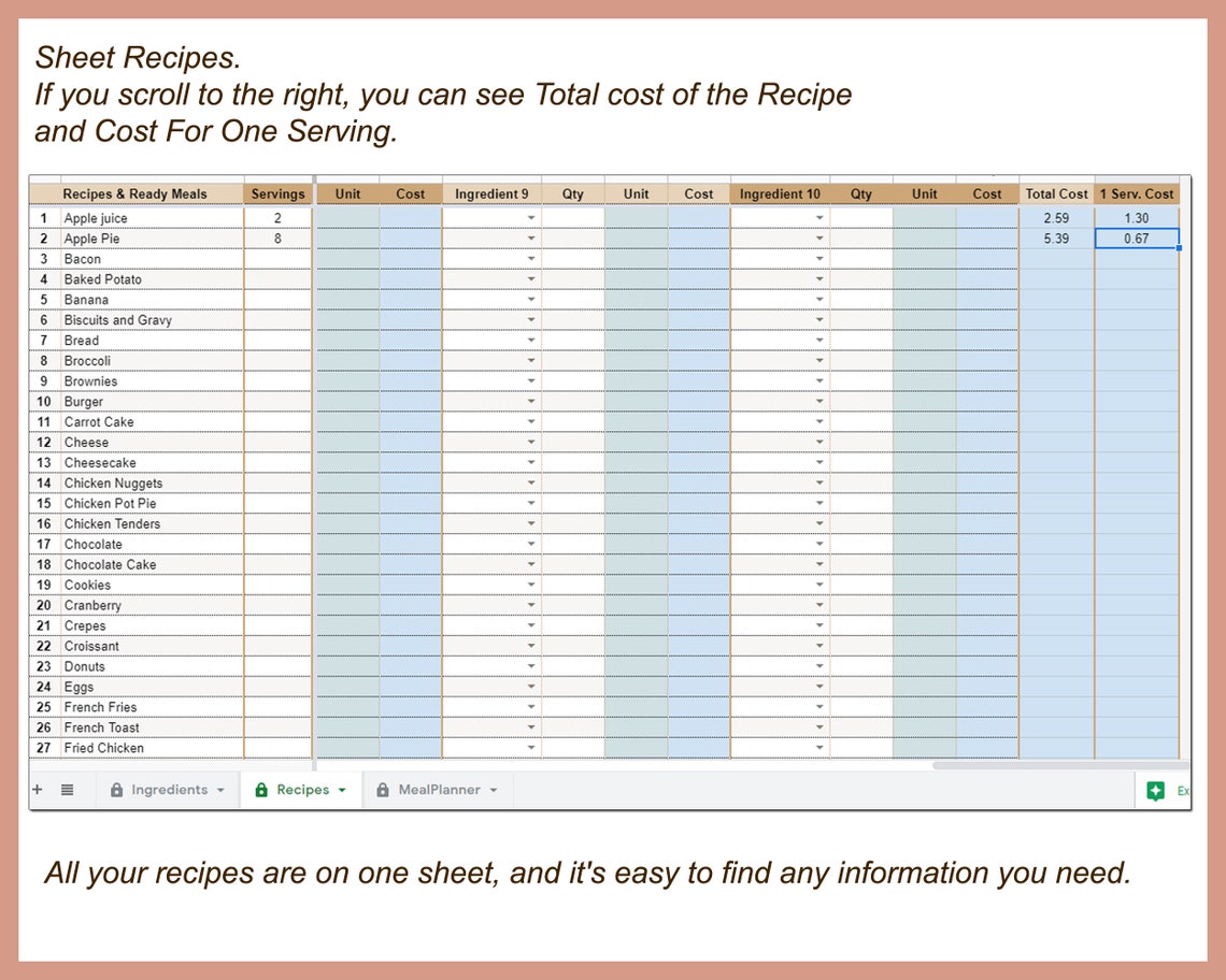Meal planner digital Recipe cost calculator Grocery planner | Etsy