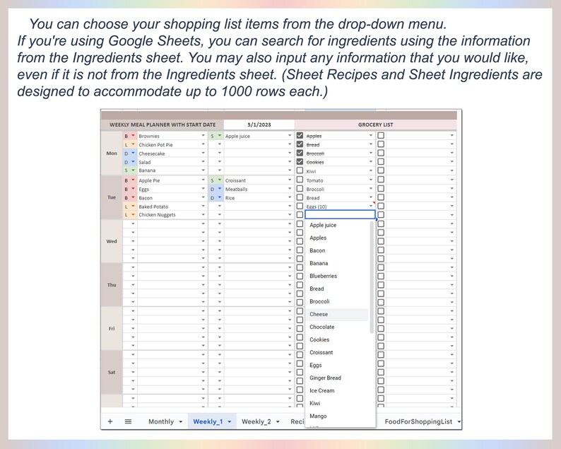 Meal Planning Spreadsheet, Grocery List Template, Monthly Menu Planner ...