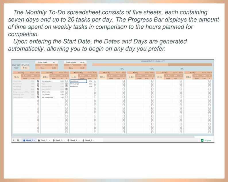 Monthly To-do List, Check List Excel, Work Hours Planner, Weekly to Do, Monthly Tasks, Weekly ...