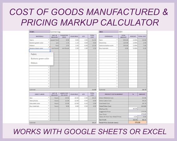Product cost calculator Pricing calculator Costing template | Etsy