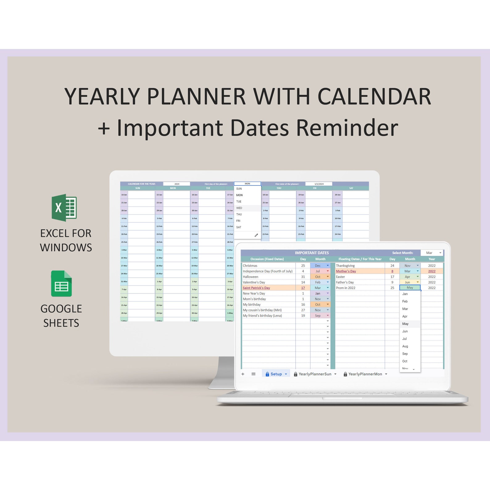 Excel Yearly Planner Calendar Annual Undated Template Weekly Overview ...