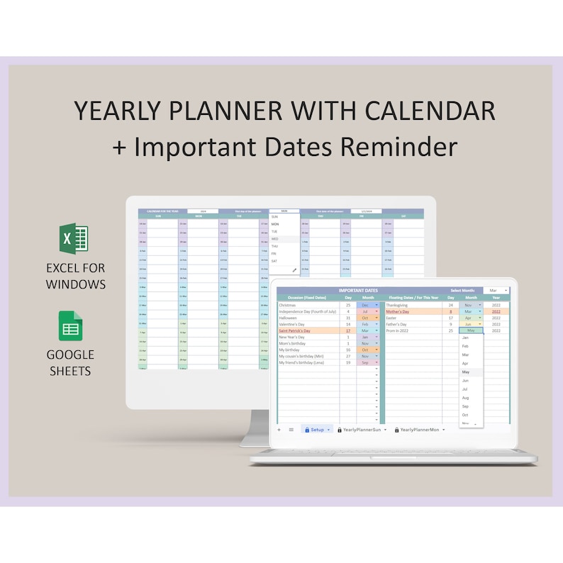Excel Yearly Planner Calendar Annual Undated Template Weekly Overview ...