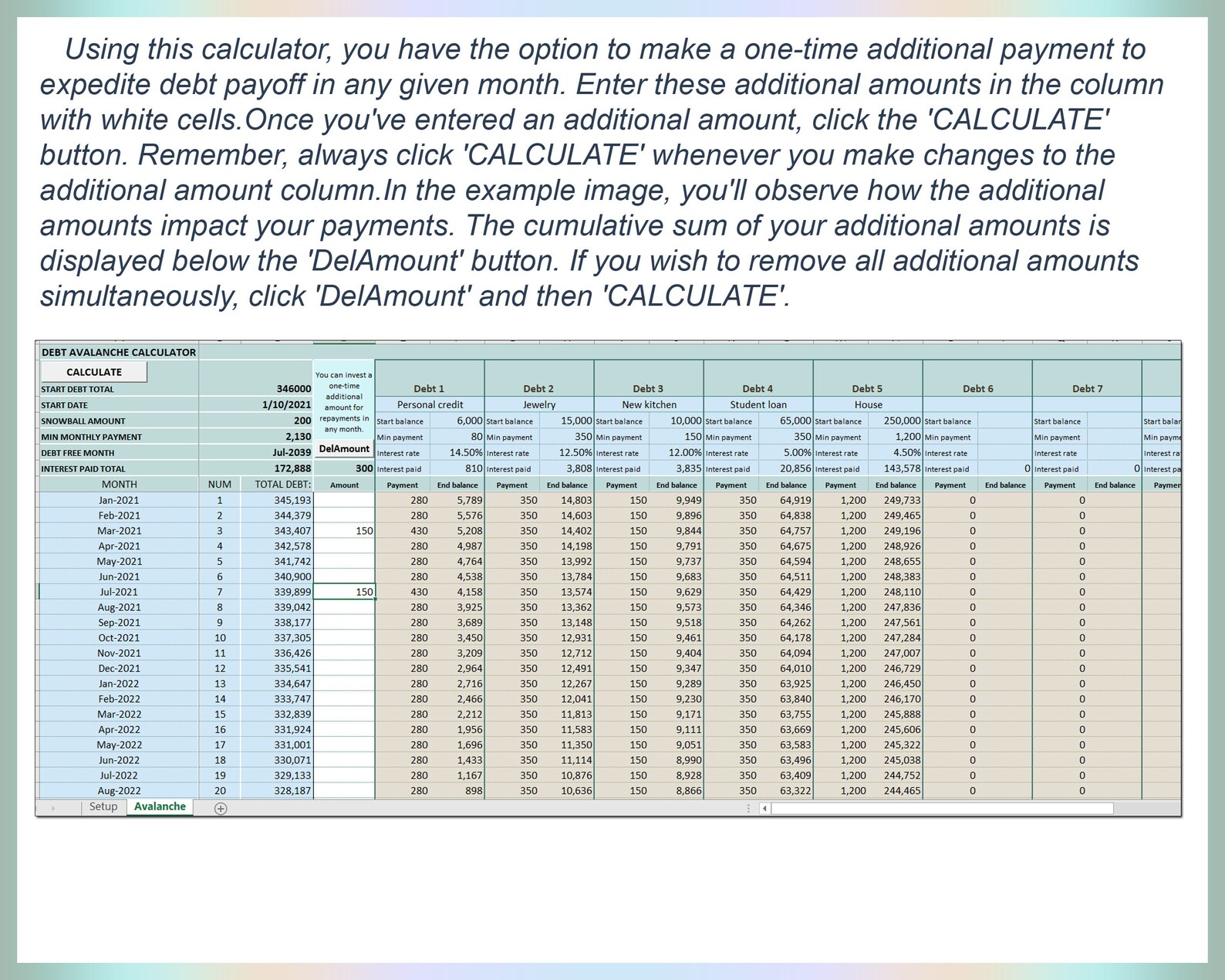 Debt Avalanche Calculator Spreadsheet, Debt Avalanche Excel, Debt ...