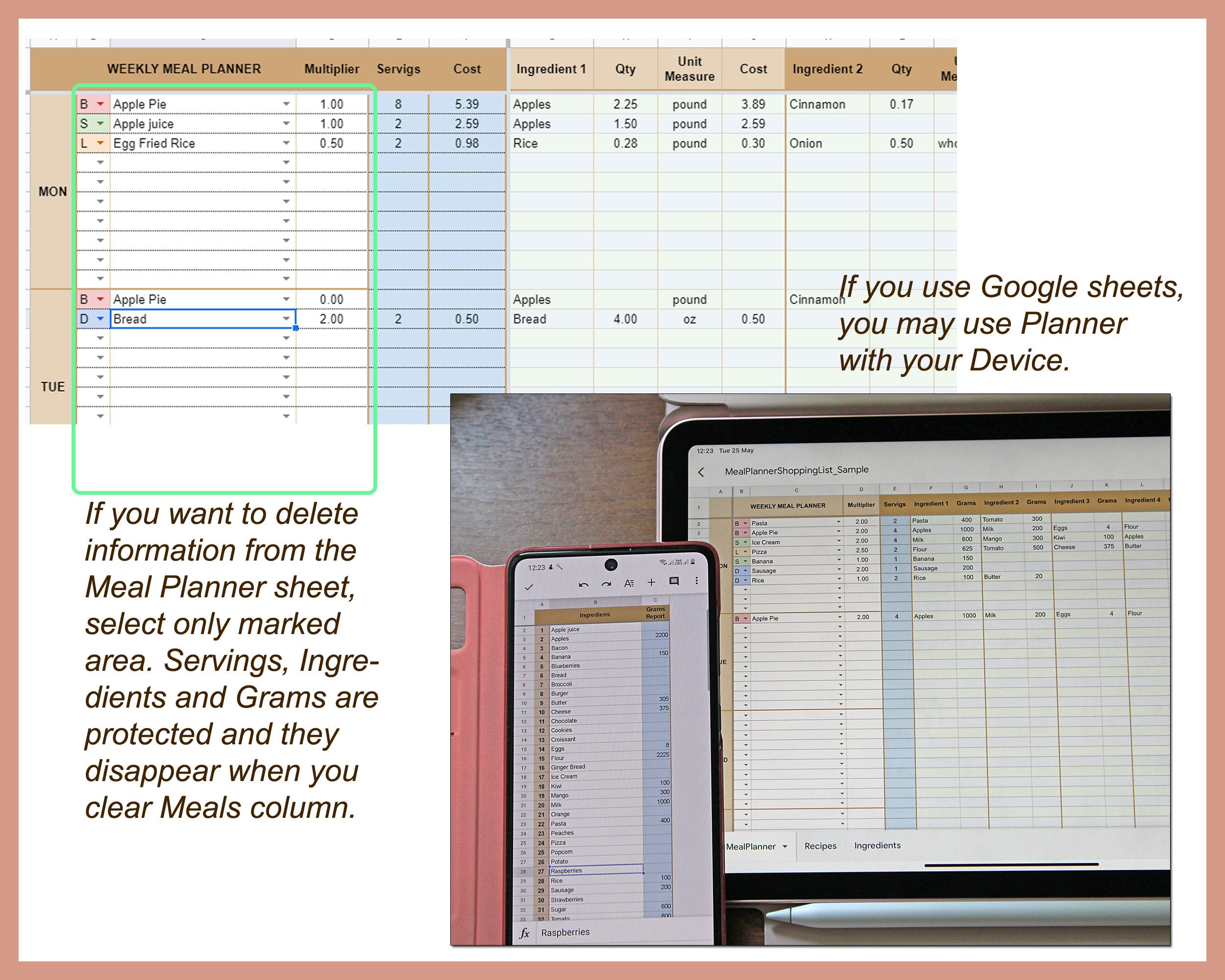 Meal planner digital Recipe cost calculator Grocery planner | Etsy