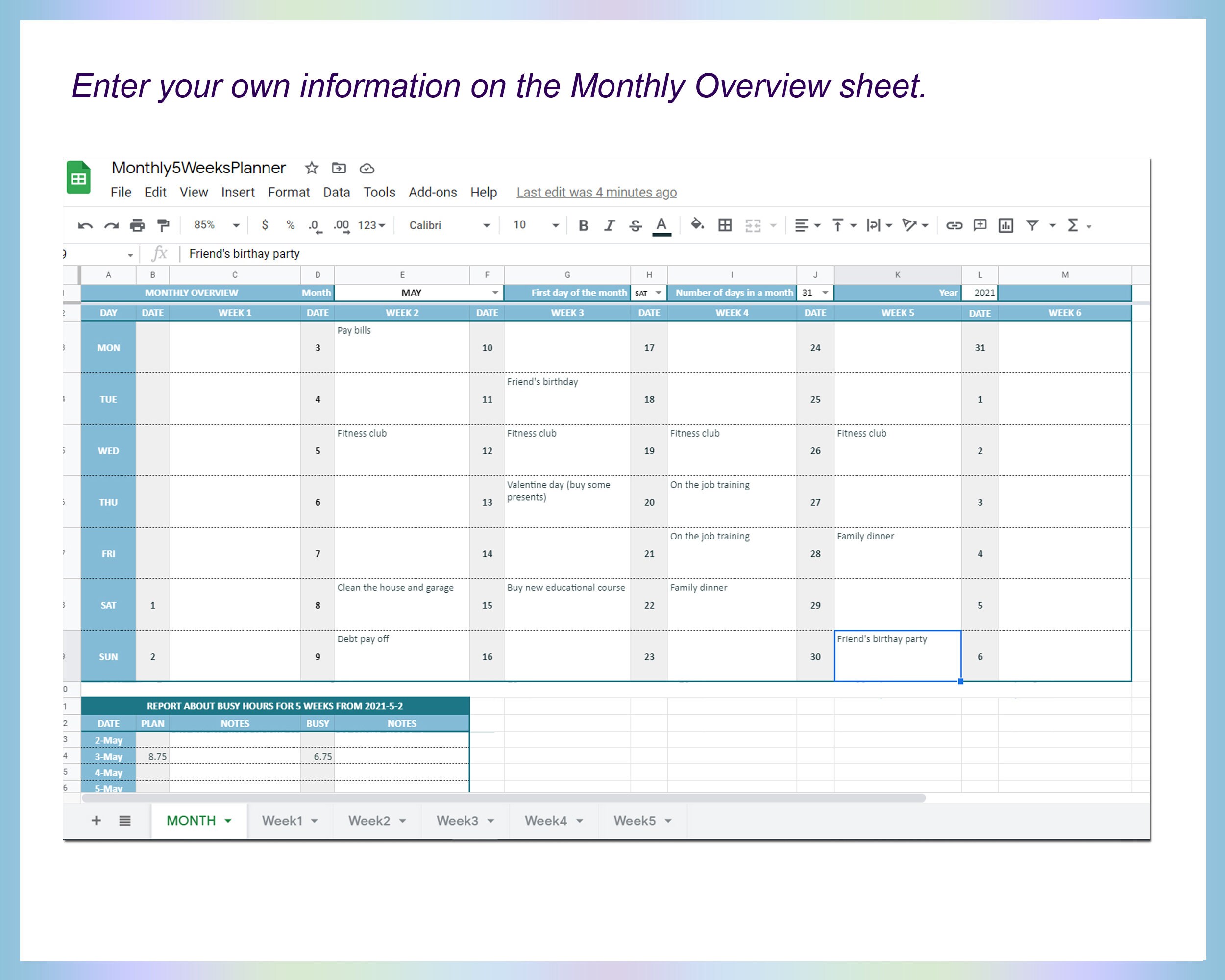 Monthly Planner Spreadsheet Weekly Hourly Calendar Weekly - Etsy UK