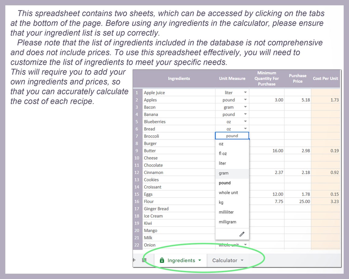 Recipe Cost Calculator Cake Pricing Template Baking Ingredient Formula ...