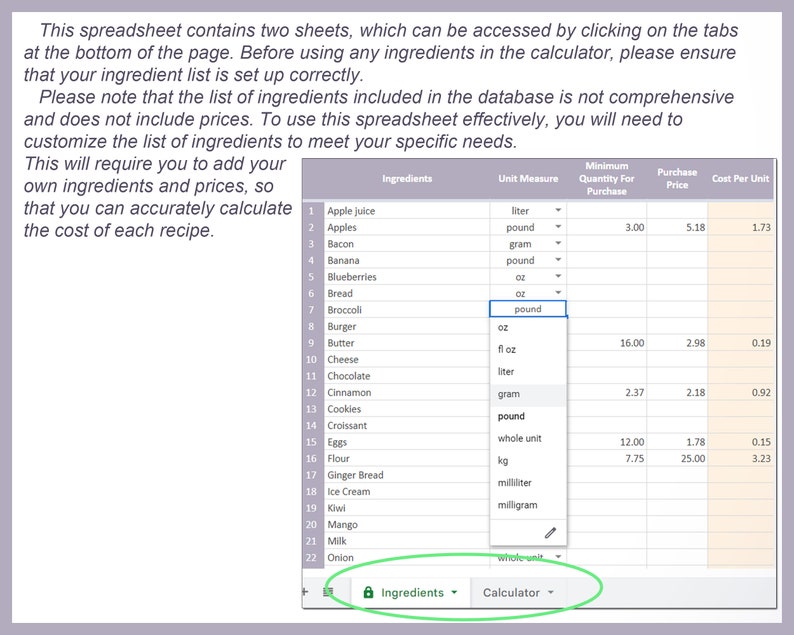Recipe Cost Calculator Cake Pricing Template Baking Ingredient Formula ...