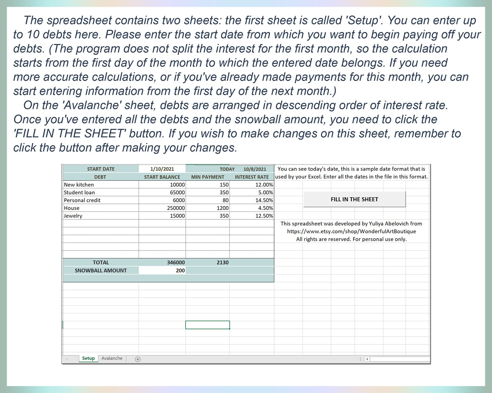 Debt Avalanche Calculator Spreadsheet, Debt Avalanche Excel, Debt ...